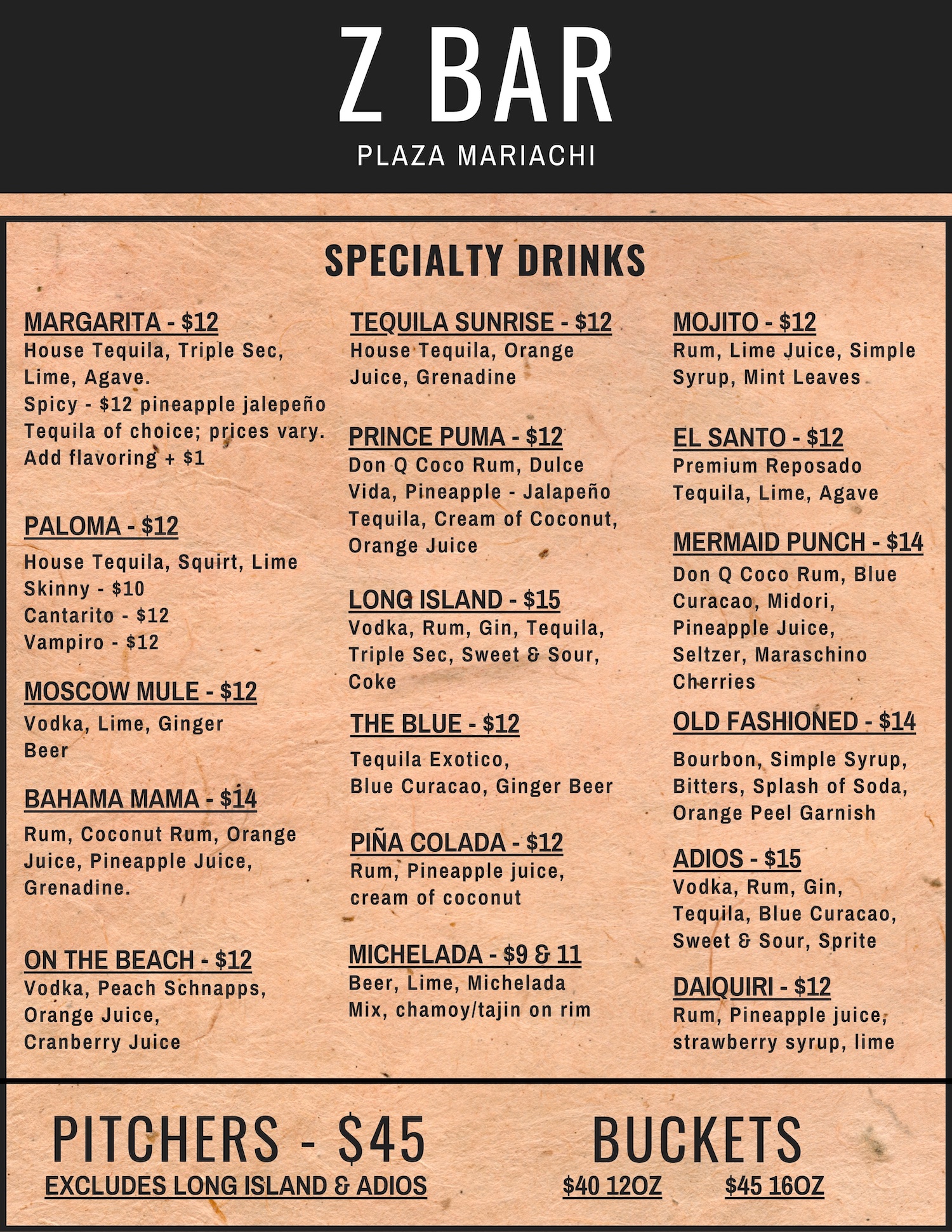 The Z-Bar Drink Menu - Plaza Mariachi - Full menu of beer, wine and spirits